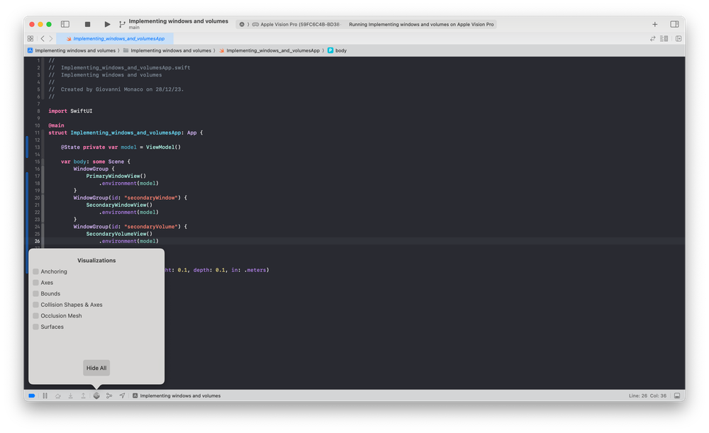 Debug for visionOS using Xcode simulator visualizations